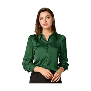 Allegra K Camicia di seta da donna con maniche a sbuffo e colletto a ...