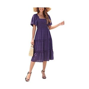 VOGMATE Abito da donna smocked midi a maniche corte, scollo a U, linea ...