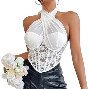 Frobukio Corsetto bustier sexy da donna Top manica lunga collo quadrato in rete Crop Top Vintage ...