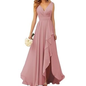 SAMHO Abiti da damigella d'onore in chiffon con scollo a V alto basso ...