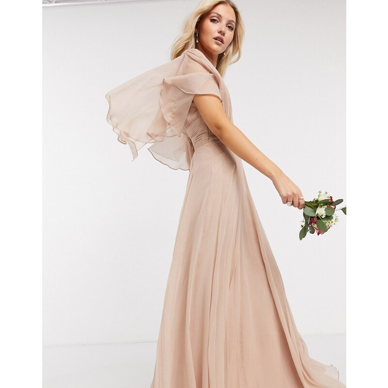 ASOS DESIGN - Vestito da damigella lungo drappeggiato color cipria con ...