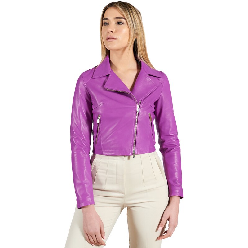 Giubbino Di Pelle Donna Donna Rosso Biker Vera Pelle Giacca Corta Corta ...