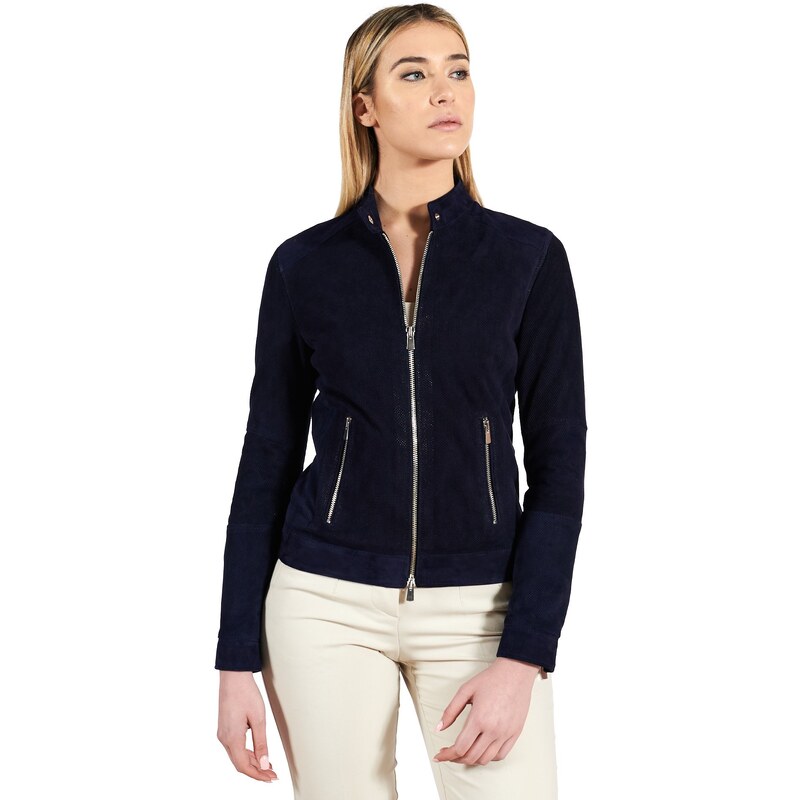 Giacca biker in pelle scamosciata traforata blu effetto liscio D ...