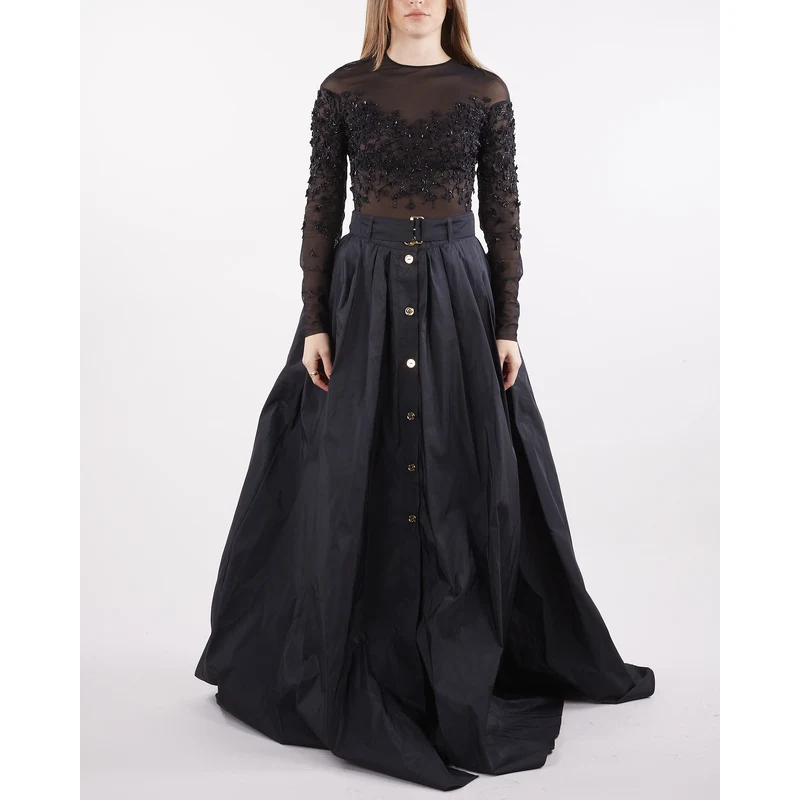ELISABETTA FRANCHI Completo body ricamato e gonnellone in taffetà ...