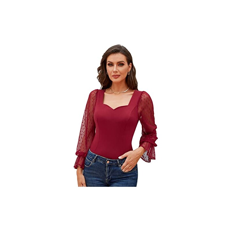 GRACE KARIN Blusa a Manica Lunga Tinta Unita in Pizzo da Donna con ...