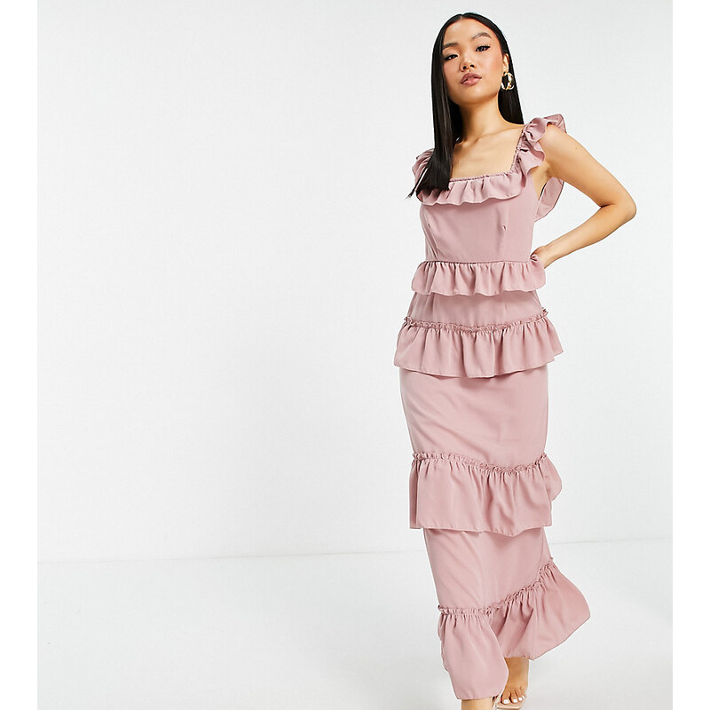 Missguided Petite - Vestito lungo rosa con volant - Stileo.it