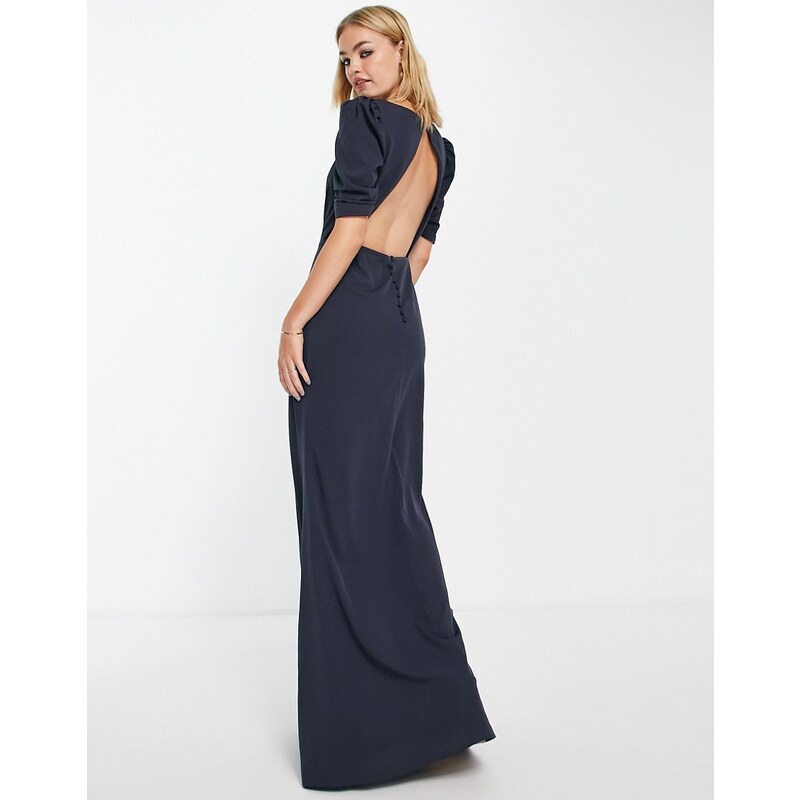 Maya - Vestito da damigella lungo blu navy aperto dietro e con scollo a ...