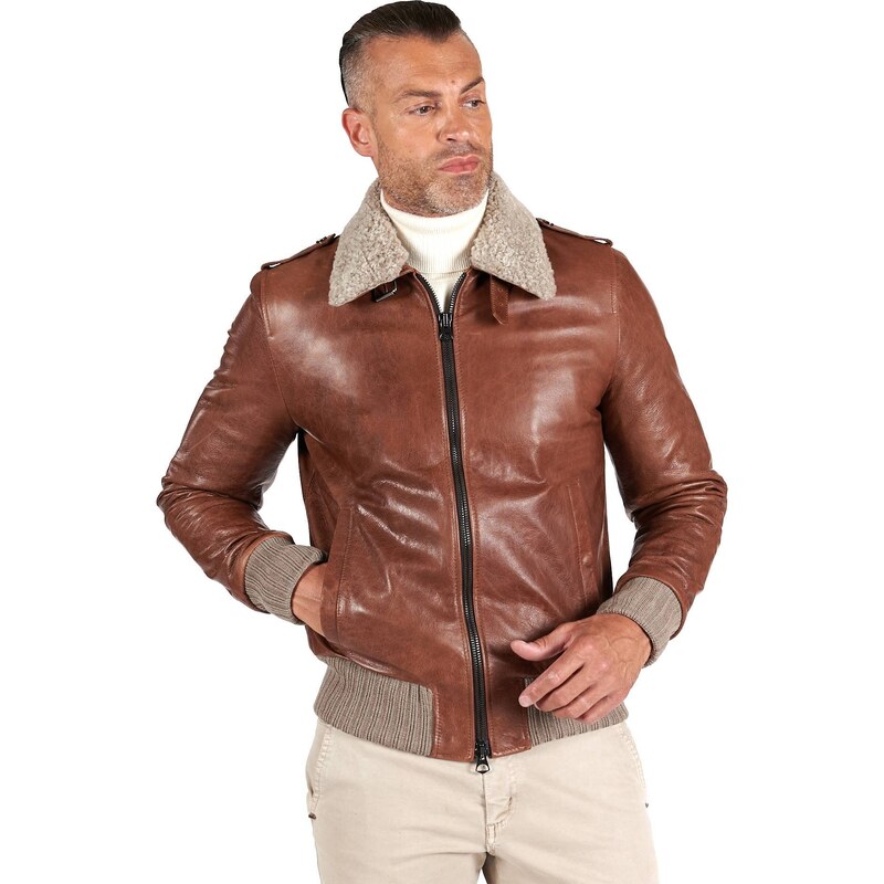 Giubbotto aviatore in pelle color cuoio effetto vintage collo montone D ...