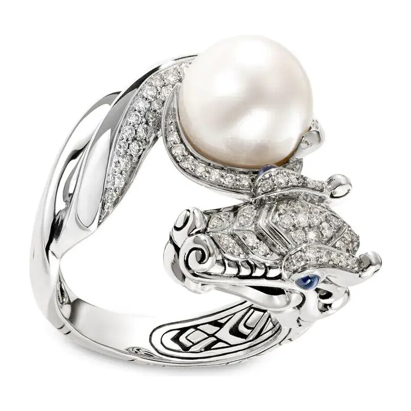 John Hardy Anello Legends Naga con diamanti e perle - Argento - Stileo.it