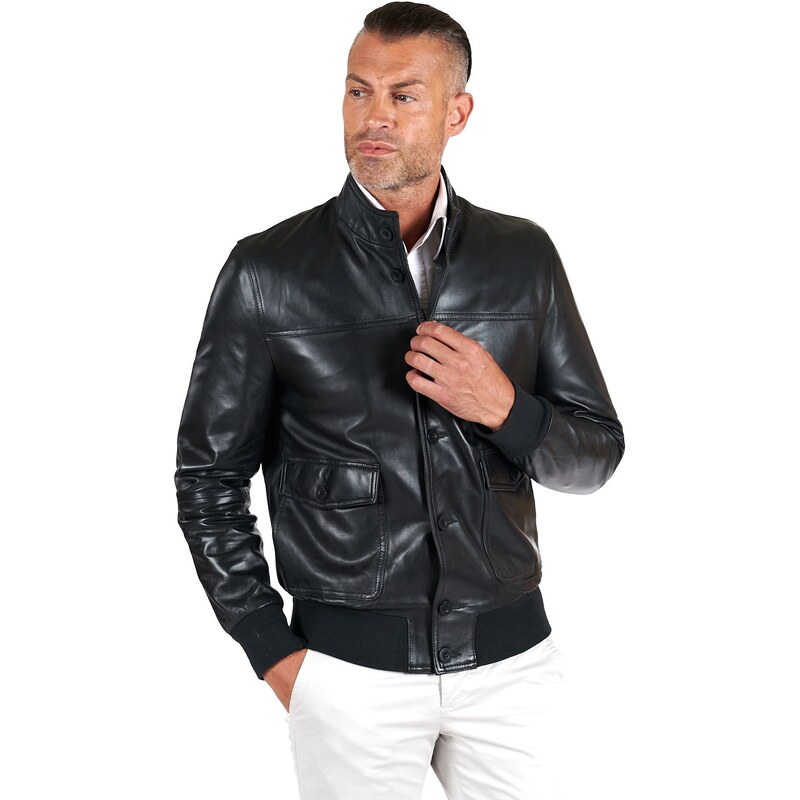 Giubbotto Bomber in pelle nera con bottoni effetto liscio D'Arienzo ... Giubbotto Bomber in pelle nera con bottoni effetto liscio D'Arienzo ...