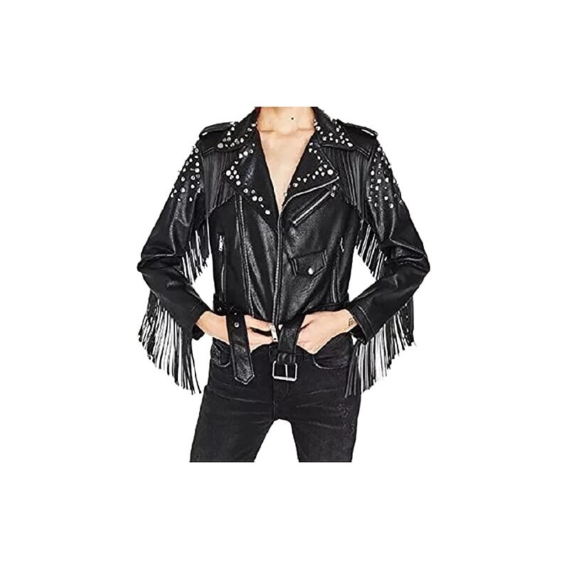 EU Fashions Giacca da motociclista da donna in pelle nera con frangia e ...