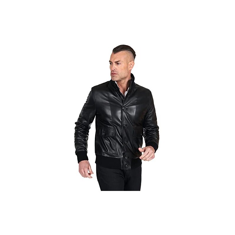D'Arienzo Giacca Bomber in Pelle Nera Uomo con Bottoni e Tasconi ... D'Arienzo Giacca Bomber in Pelle Nera Uomo con Bottoni e Tasconi ...