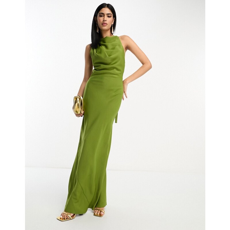 ASOS DESIGN - Vestito lungo in raso verde oliva con fibbie sulle ...