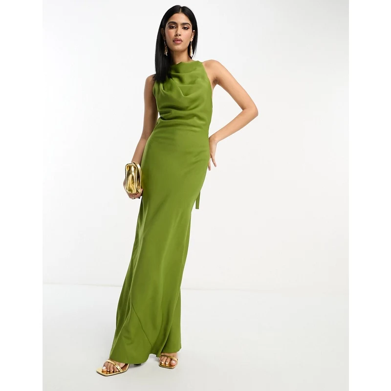 ASOS DESIGN - Vestito lungo in raso verde oliva con fibbie sulle ...