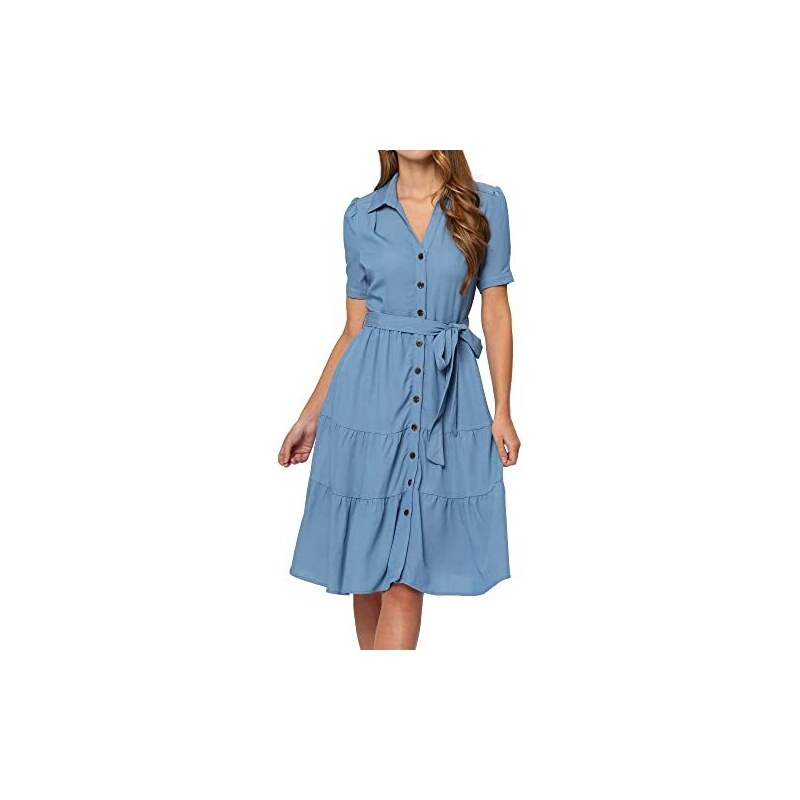 Allegra K Abito da donna in Chambray estivo 2023 a maniche corte con bottoni in vita con scollo ...