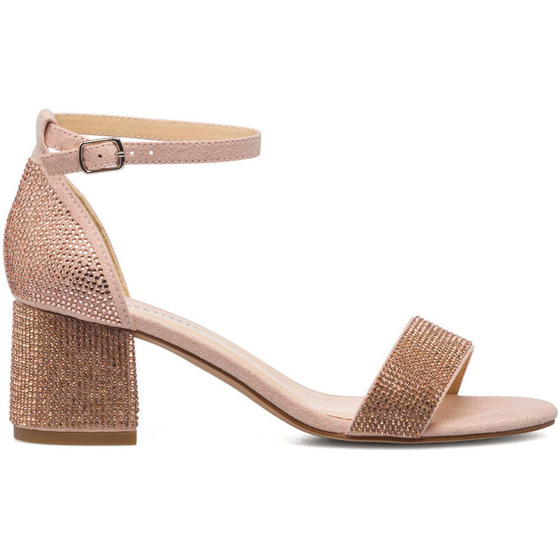 Sandali gioiello champagne da donna con tacco largo 5,5 cm e strass ...