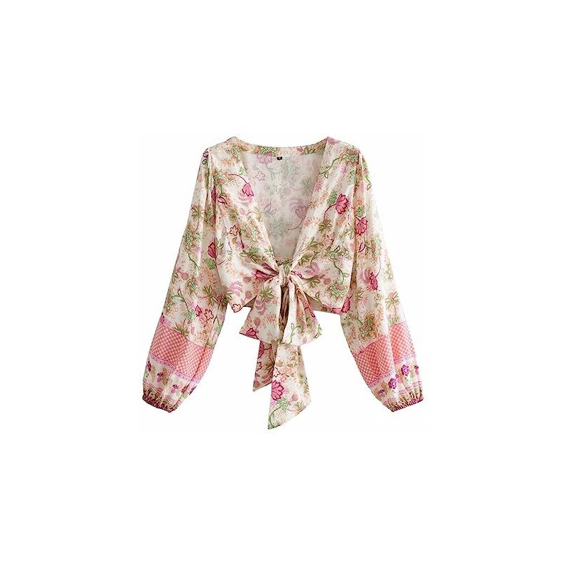 Youllyuu Vintage Manica Lunga Indie Folk Stampato Wrap Camicetta Top ...