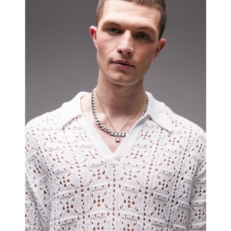 Topman - Polo bianca in maglia all'uncinetto con scollo a V-Bianco ...