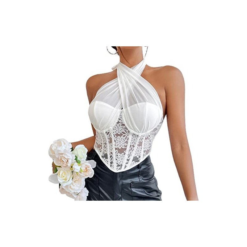 Frobukio Corsetto bustier sexy da donna Top manica lunga collo quadrato in rete Crop Top Vintage ...