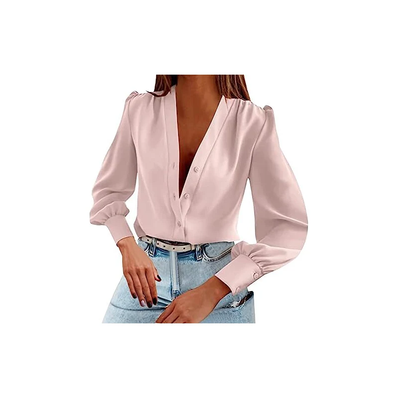 FNKDOR Camicette eleganti in raso da donna, con scollo a V, maniche a ...