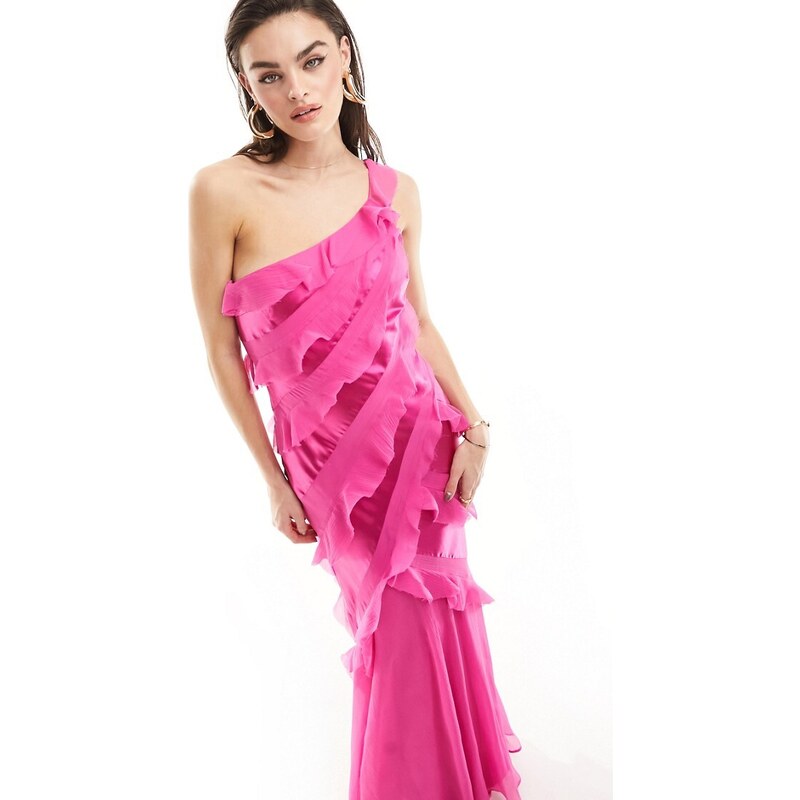 ASOS DESIGN - Vestito lungo monospalla con volant in chiffon e raso ...