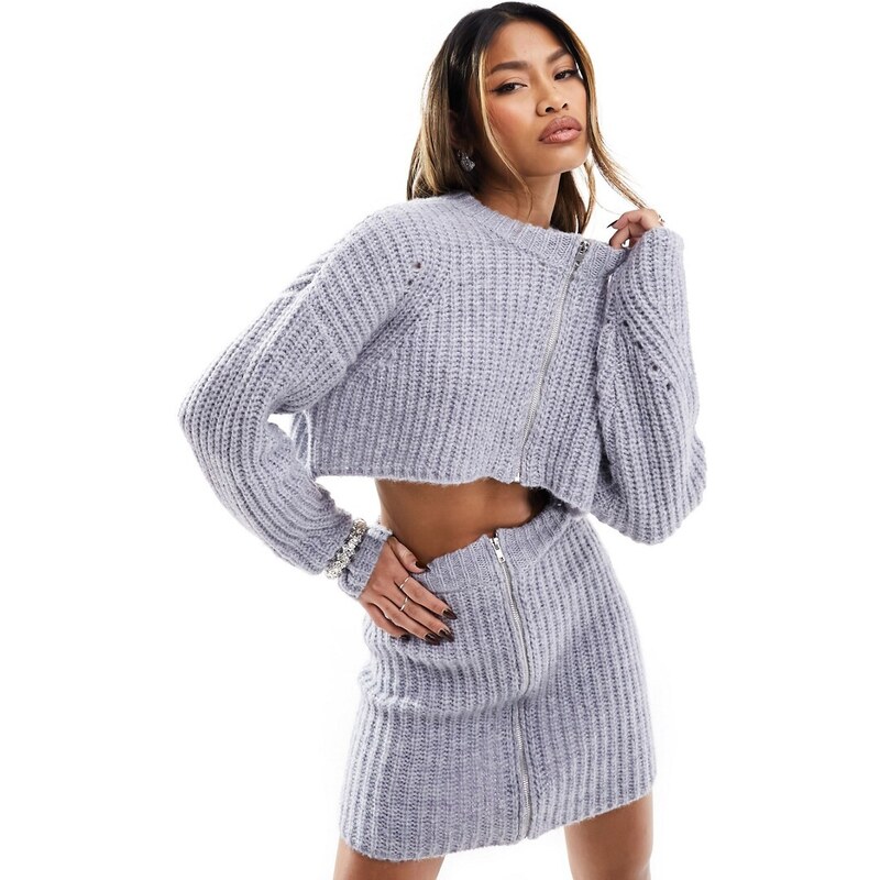 Aria Cove - Crop top grigio in maglia con zip in coordinato - Stileo.it