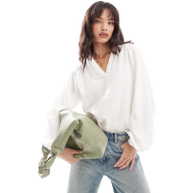 Only - Blusa in mussola con scollo a V bianca-Bianco - Stileo.it