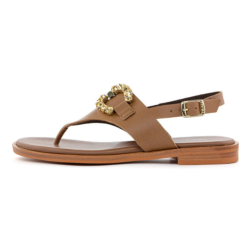 Frau sandali infradito donna in pelle marrone con accessorio gioiello ...