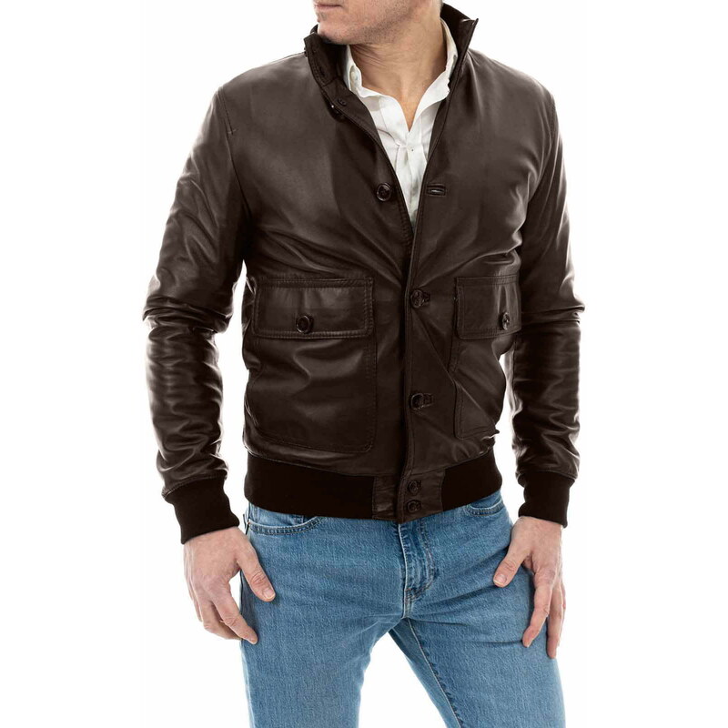 Giubbotto Bomber Con Bottoni In Vera Pelle Marrone Uomo Slim Con ... Giubbotto Bomber Con Bottoni In Vera Pelle Marrone Uomo Slim Con ...