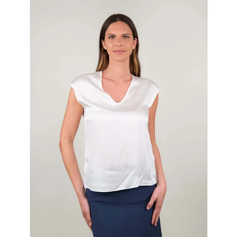 ANDREA MORANDO BLUSA CON SCOLLO A V E MANICA CORTA IN RASO BIANCA ...