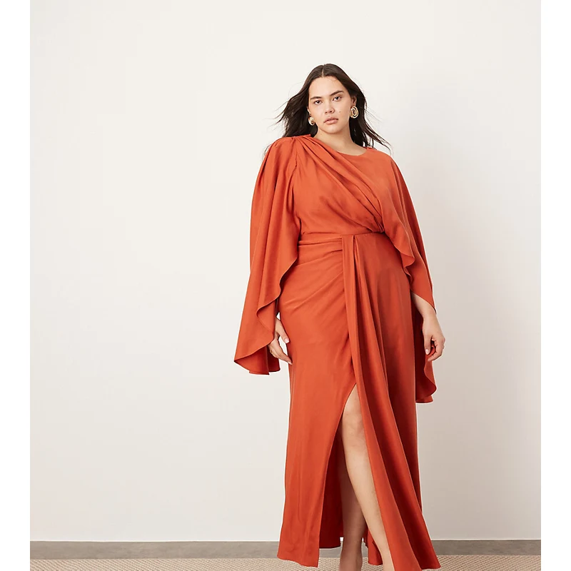 ASOS EDITION Curve - Vestito lungo alla greca color ruggine con maniche ...